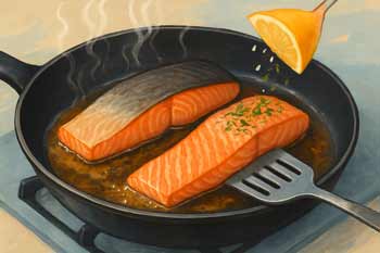 Zalm bakken in een koekenpan.