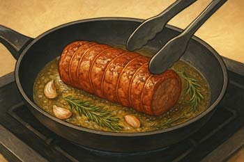 Lamsrollade braden in een braadpan.